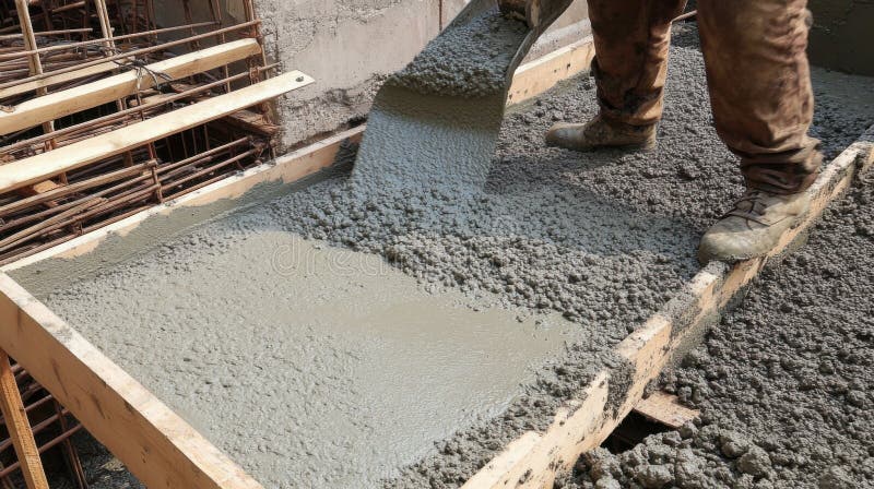 Workers Pour Concrete into Wooden Forms at a Construction Site during ...