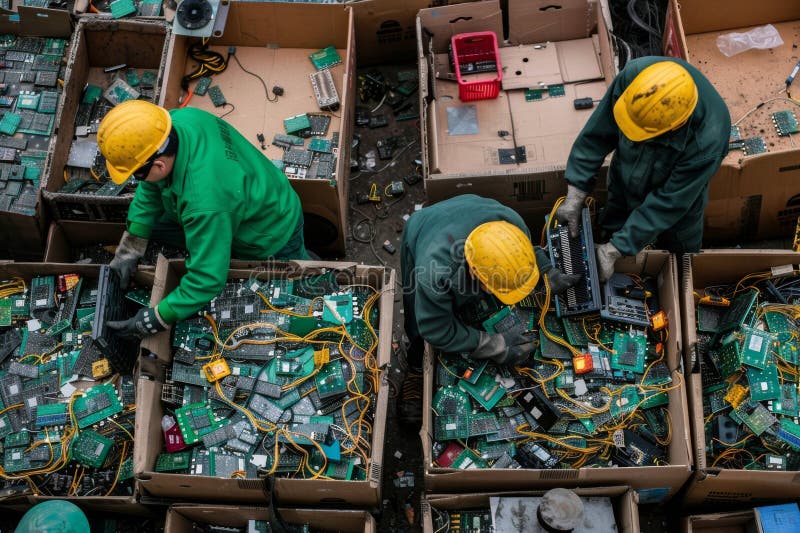 Workers Processing Electronic Waste Recycling. Focus on Reusing ...