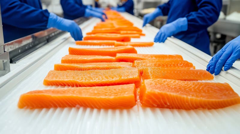 Workers Processing Fresh Salmon Fillets on Conveyor Belt in Factory ...