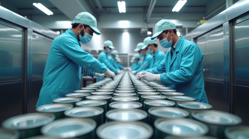 Workers Processing Large Quantities of Canned Goods in Modern Facility ...