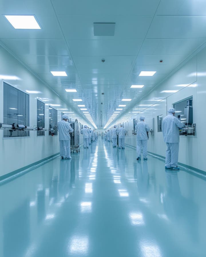 Workers in Protective Gear Operating in Pristine White High-tech ...