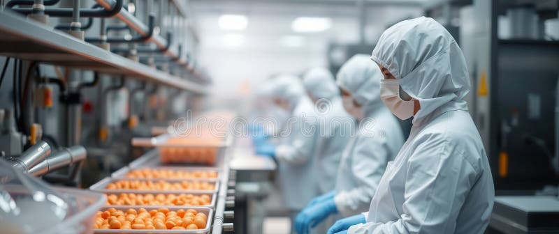 Workers in Protective Gear Process Food Products on a Factory Assembly ...