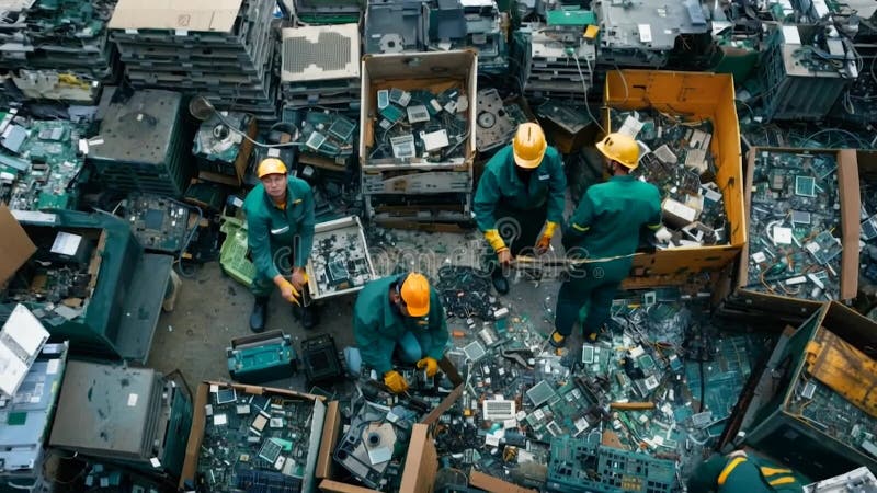 Workers in Protective Gear Sorting E-waste at Recycling Facility. High ...