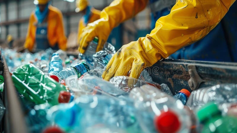 Workers in Protective Gear Sorting Recyclable Plastic Bottles in a Waste Management Facility ...