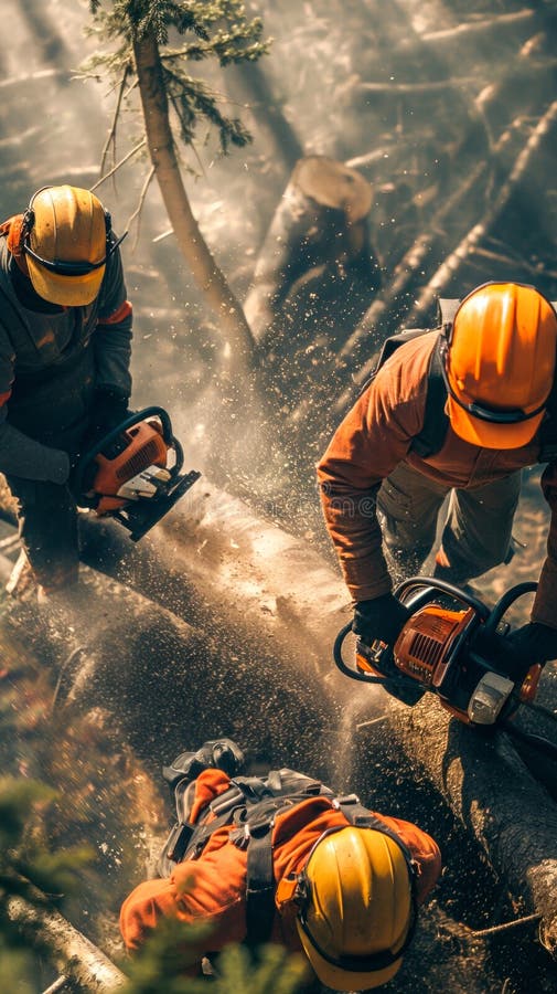 Workers in Protective Gear Using Chainsaws in a Forest Setting. Concept ...