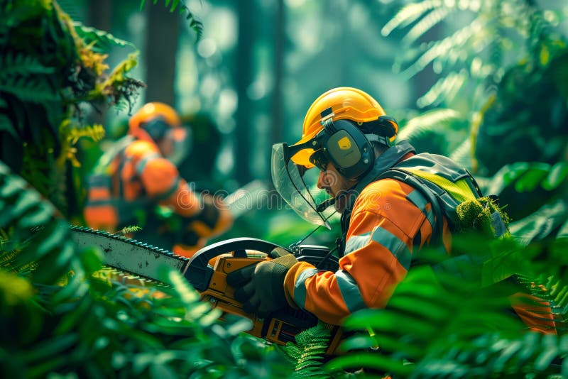 Workers in Protective Gear Using Chainsaws in a Forest Setting. Concept ...