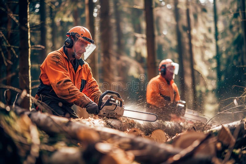 Workers in Protective Gear Using Chainsaws in a Forest Setting. Concept ...