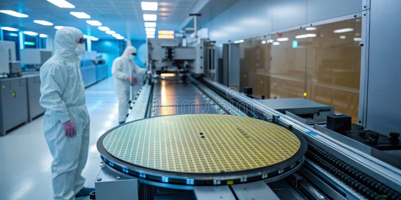 Workers in Protective Suits Operate Machinery in a Semiconductor ...