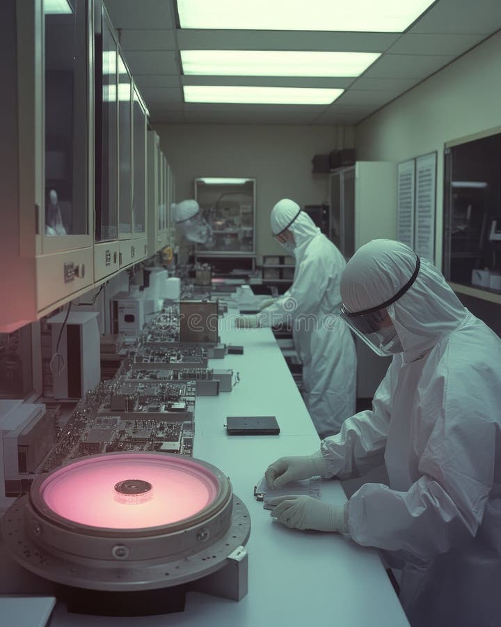 Workers in Protective Suits Operating on Circuit Boards in Sterile ...