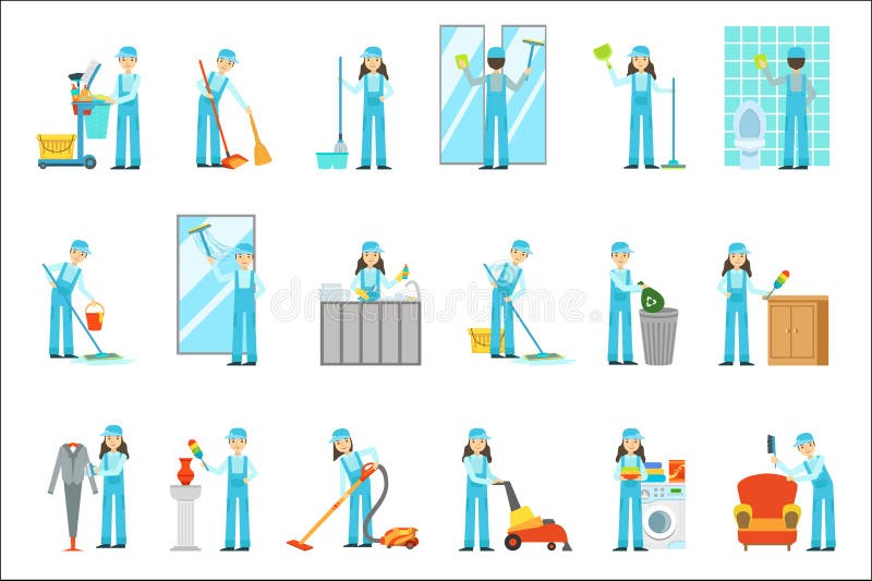 Workers Providing Cleaning Service in Blue Uniform Set of Illustrations ...