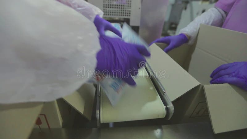 Workers Put Ice Cream into Boxes. Women Pack Ice Cream into Boxes Stock ...
