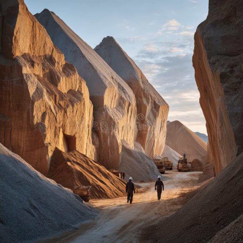 Workers in Quarry with Mountains of Limestone in Golden Light Stock ...