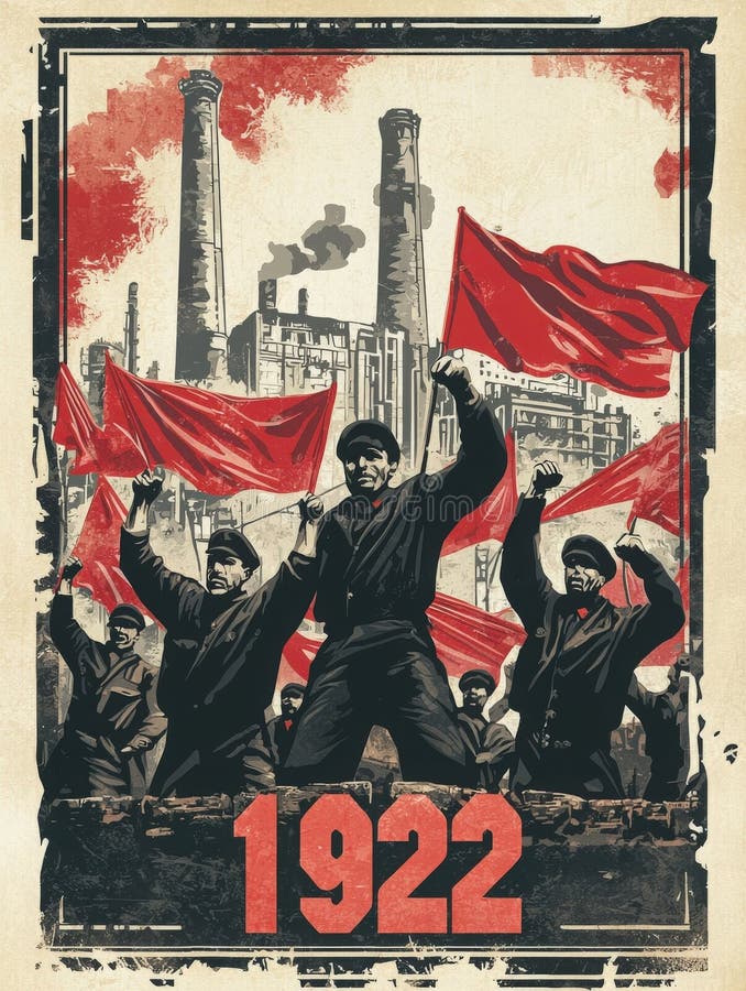 Workers Raising Red Flags in Front of Industrial Backdrop during 1922 ...