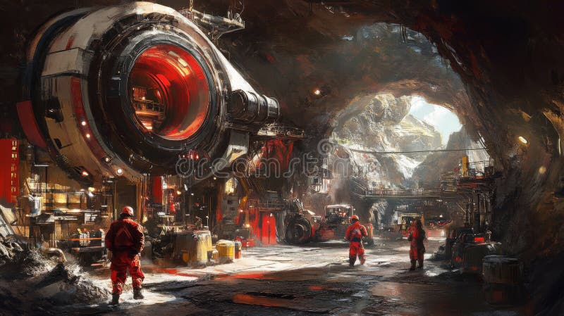 Workers in Red Suits Inspecting a Large, Round, Futuristic Machine in a ...