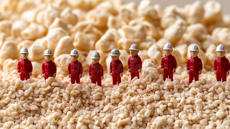 Workers in Red Uniforms Stand on Textured Grain Surface in Creative ...