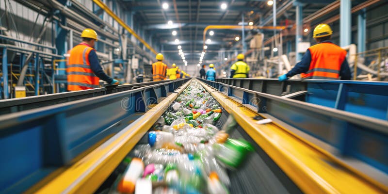 Workers in Reflective Vests at a Recycling Facility with Conveyor Belts ...