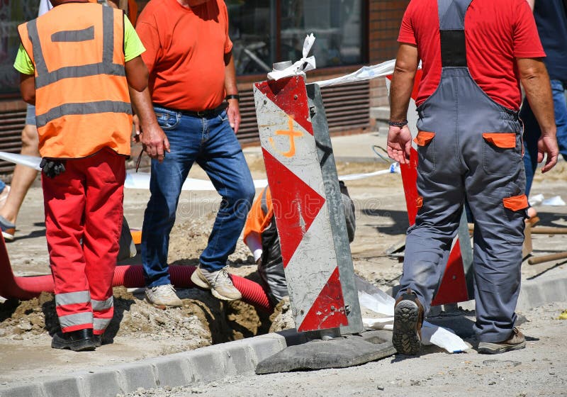 Workers at the Road Construction in the City Stock Image - Image of ...