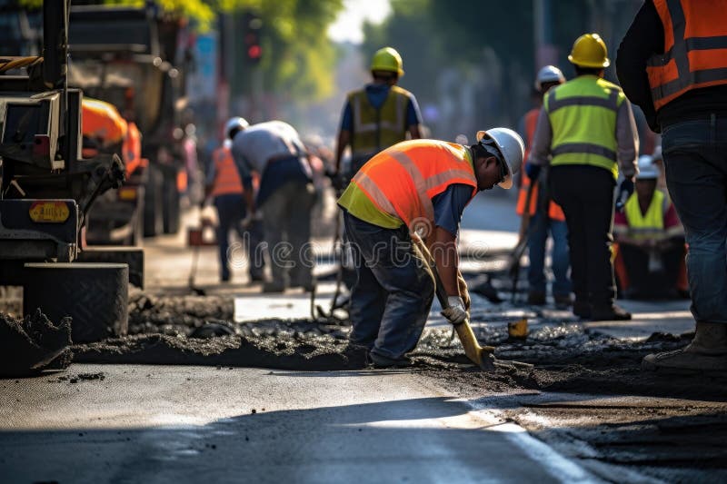 Workers on Road Construction Site Laying Asphalt and Laying New Road, Asphalt Contractors ...