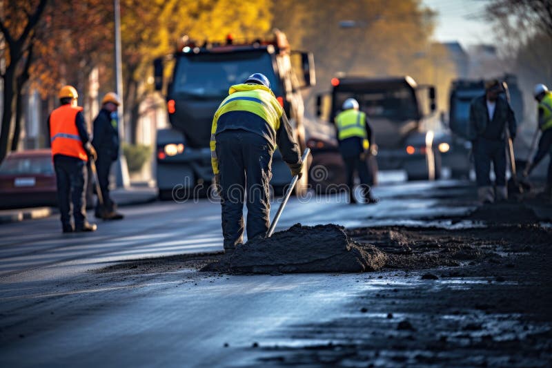 Workers on Road Construction Site. Workers are Laying New Asphalt ...