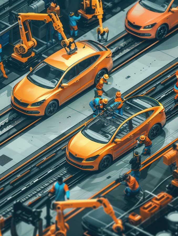 Workers and Robots Collaborate on a Busy Car Assembly Line, Showcasing ...