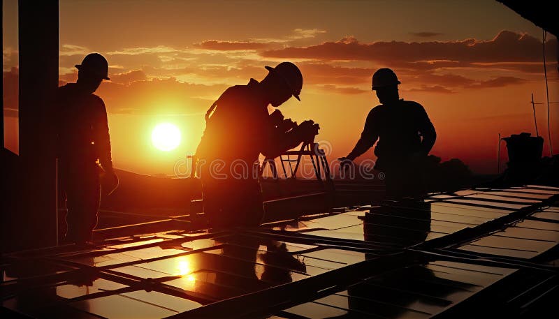 Workers on roof at sunset stock image. Image of project - 274339517