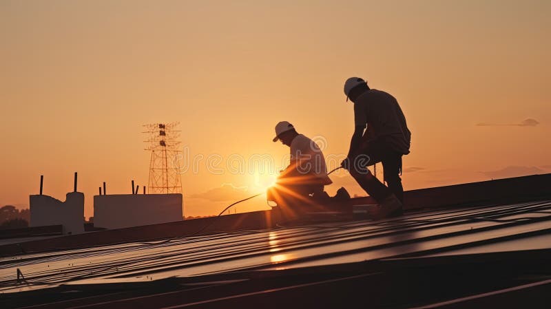 Workers on roof at sunset stock image. Image of professional - 274339451