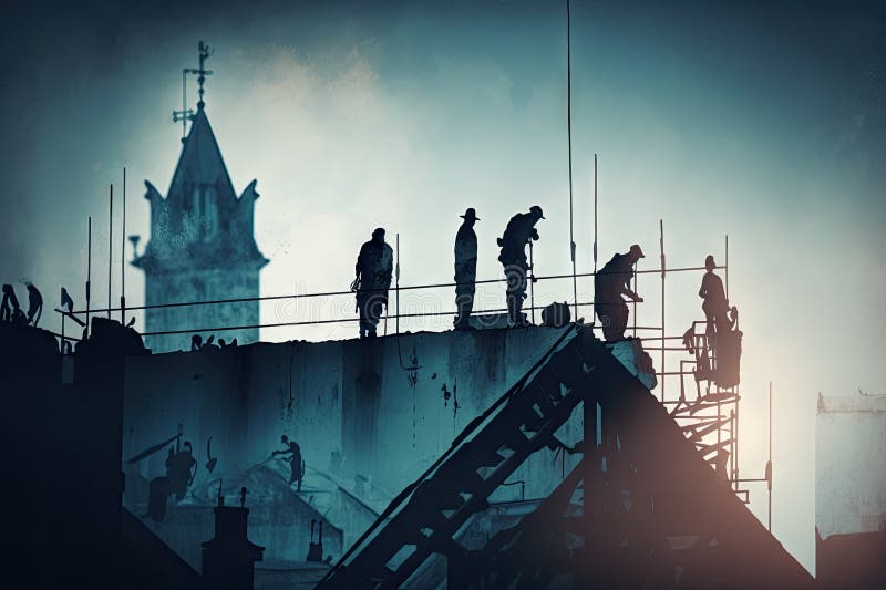 Workers on Rooftop of Buildings in Process of Repair Work with Welding ...
