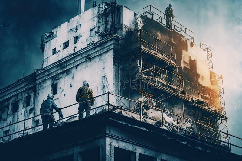 Workers on Rooftop of Buildings in Process of Repair Work with Welding ...