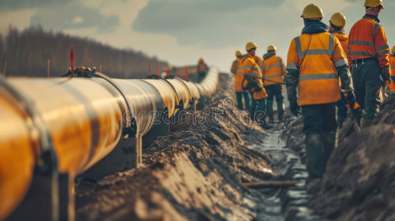 Workers in Safety Gear Inspecting a Large Pipeline Construction Site ...