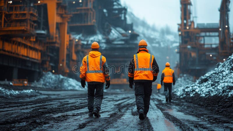 Workers in Safety Gear Navigate Mining Site Focused on Excavation and ...