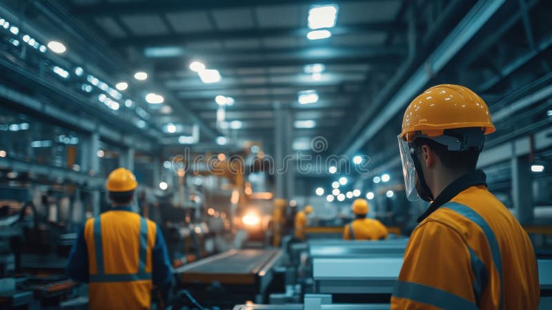 Workers in Safety Gear Observe Machinery in a Large Industrial Facility ...