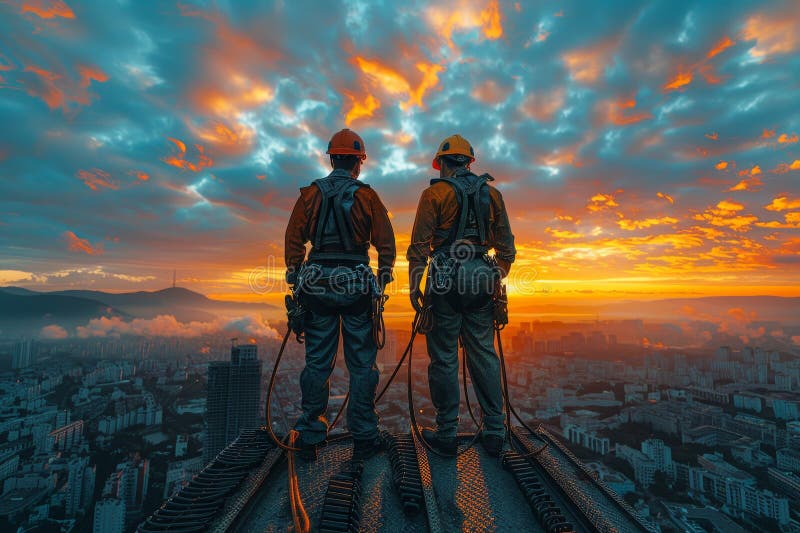 Workers in Safety Harness on Blur Sky Background, Securing Attachment ...