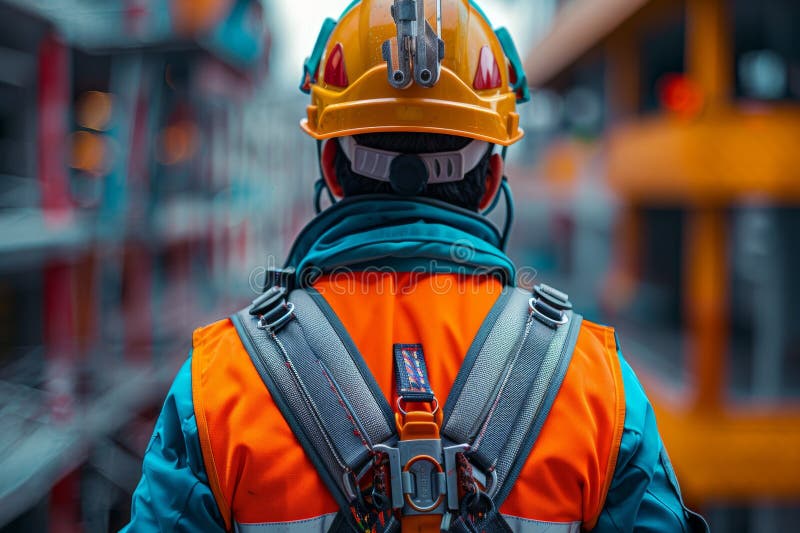 Workers in Safety Harnesses at Height Against Blurred Sky Background ...