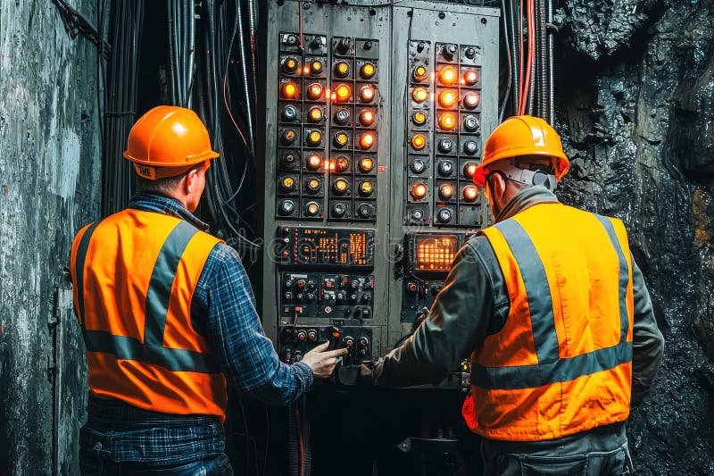 Workers in Safety Vest and Helmet Operating Control Panel in ...