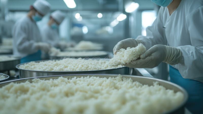 Workers in Sanitary Attire Handle Rice in Industrial Food Processing ...