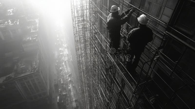 Workers on Scaffolding Complete Construction Task in Urban Setting ...