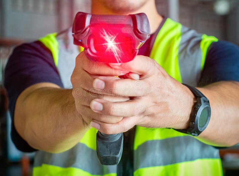 Workers Scanning Bar Code with Rad Laser. Computer Mobile Work Tools ...