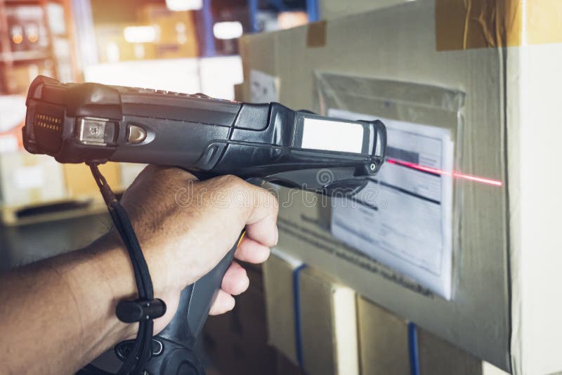 Workers Scanning Bar Code Scanner on Packaging Boxes. Computer Work ...