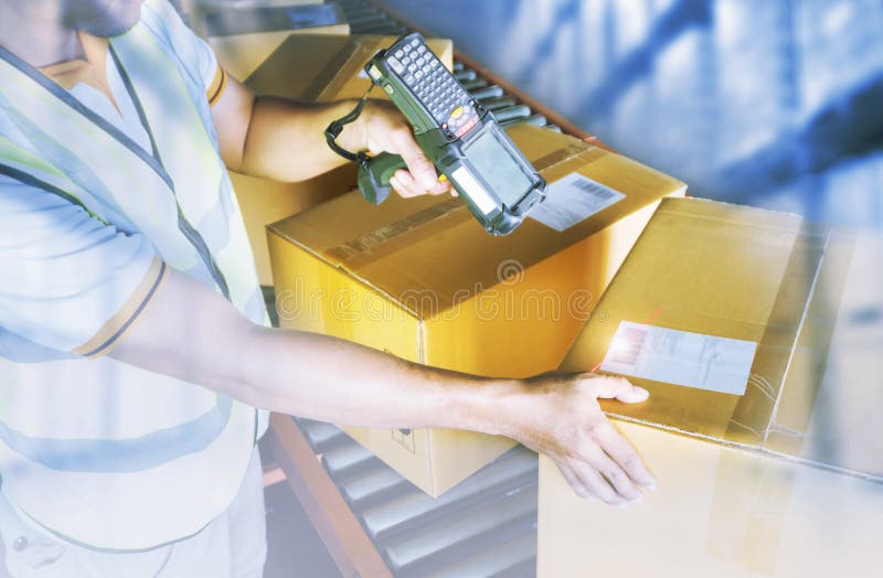 Workers Scanning Bar Code Scanner on Packaging Boxes. Shipping ...