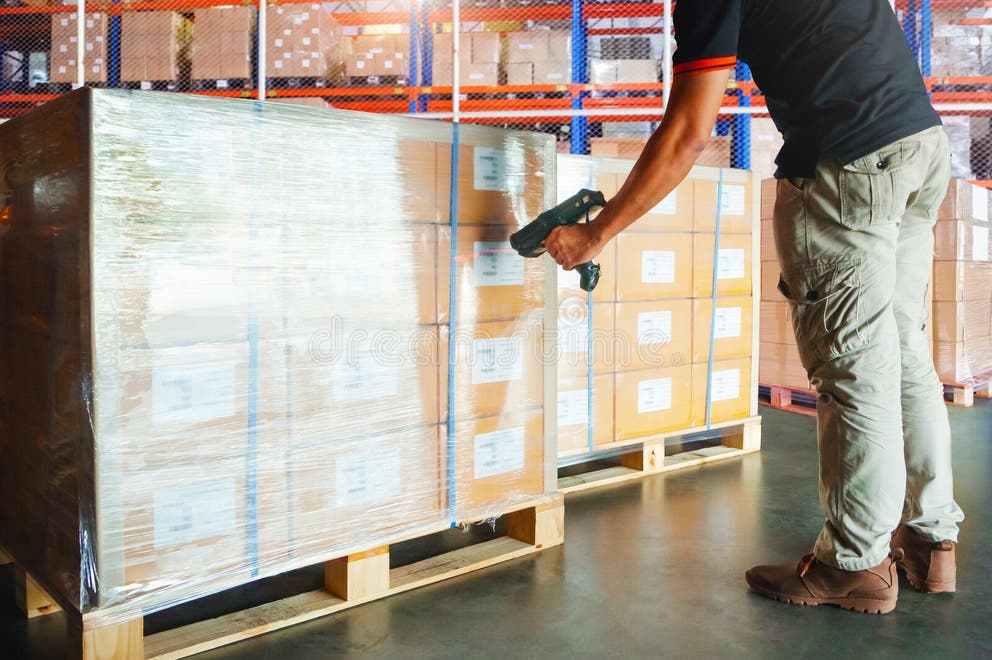 Workers Scanning Barcode on Label Package. Storehouse, Package Boxes ...