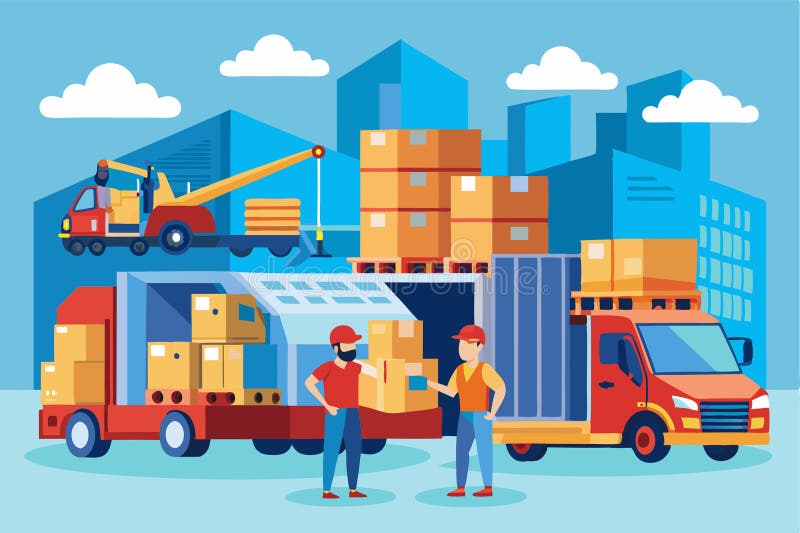 Workers are Seen Loading Trucks with Boxes in a Busy Warehouse Setting during Daylight ...