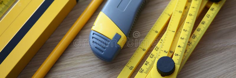 Workers Set of Instruments, Box Cutter, Level, Ruler Equipment on ...