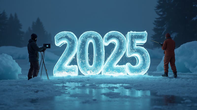 Workers Showcasing Sculpted 2025 Ice Structure in Winter Landscape ...