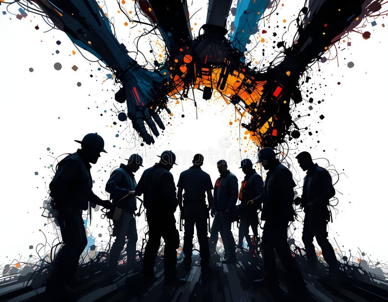 Workers Silhouetted with Abstract Robotic Structure Overhead Stock ...