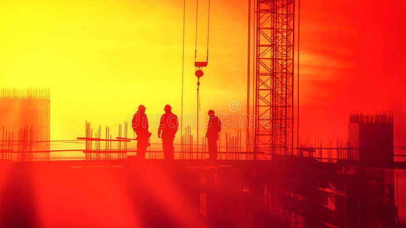 Workers are Silhouetted on a Construction Site, Their Shapes Outlined ...