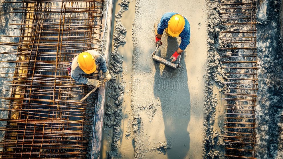 Workers Skillfully Pour Concrete on a Rebar Foundation, Highlighting ...