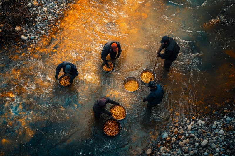 Workers Skillfully Sift through a Riverbed As the Sun Sets. Their Labor ...