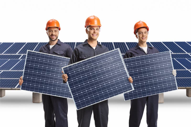 Workers at a Solar Farm Holding Panels and Looking at Camera Stock ...
