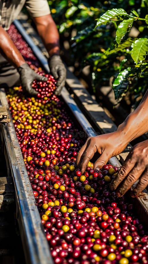 Workers Sort Coffee Beans on a Conveyor Belt in a Processing Plant ...