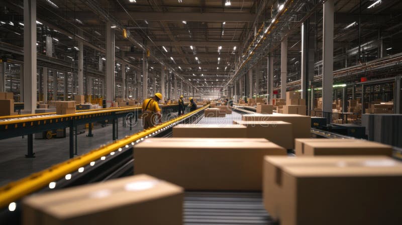 Workers Sort and Package Goods in a Large Distribution Center during ...